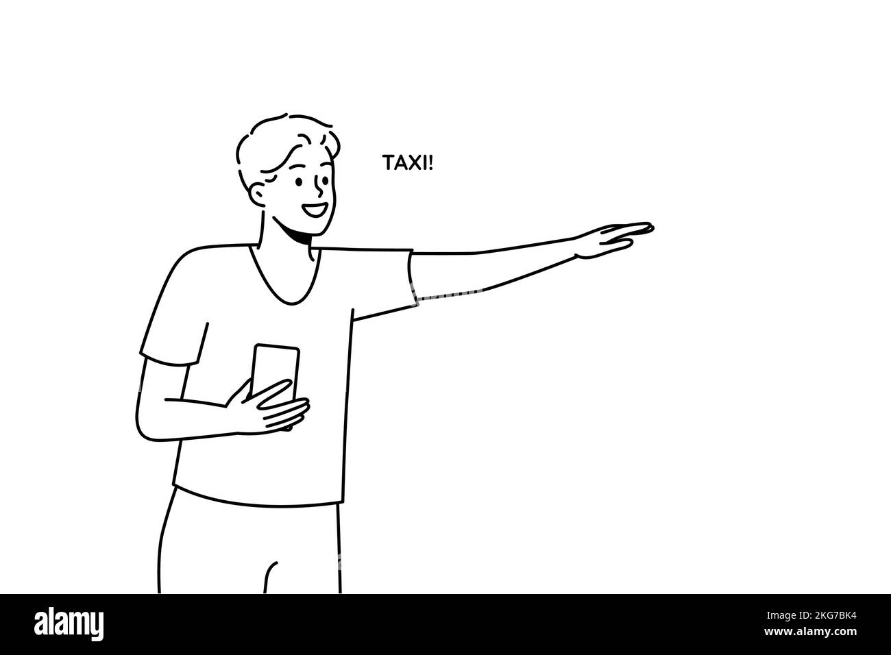 Smiling young man with cellphone in hands catch taxi with hand gesture ...