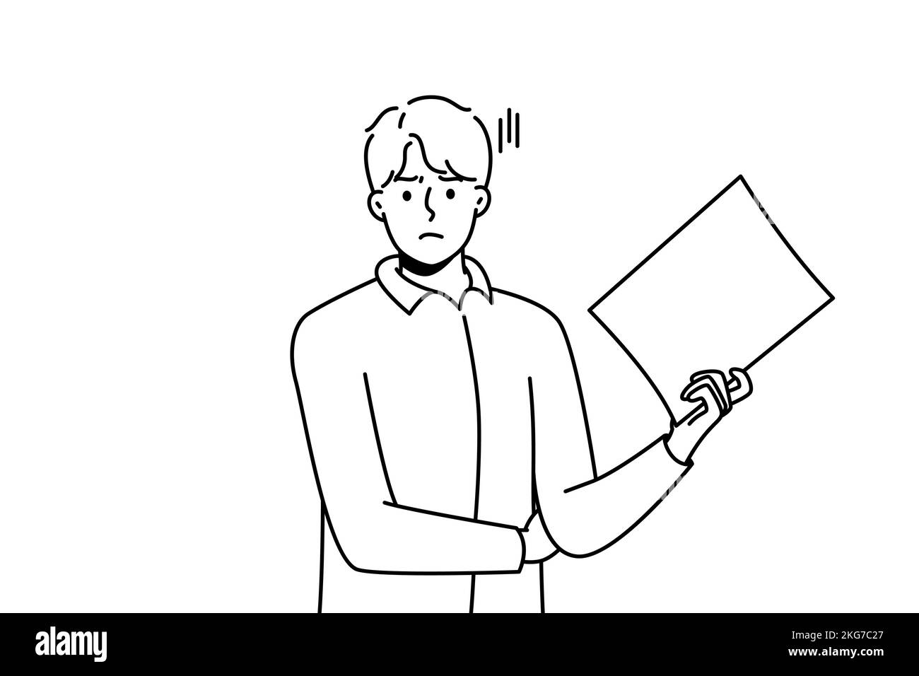 Unhappy young man stand with white paper document. Dissatisfied ...