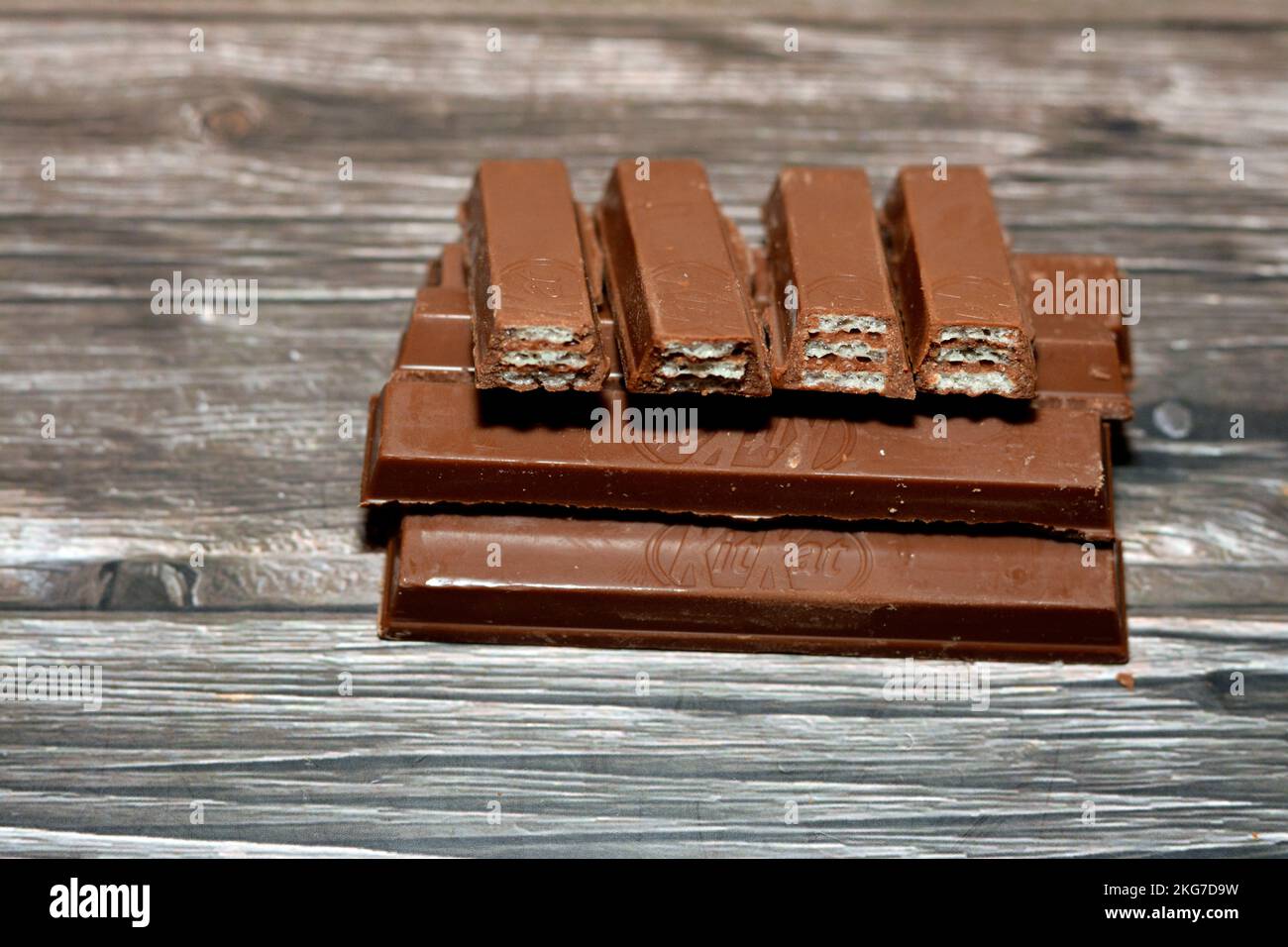 Cairo, Egypt, November 7 2022: KitKat, a chocolate-covered wafer bar confection created by ...
