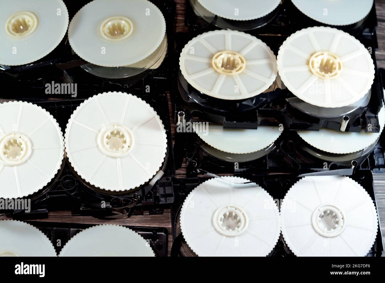 Pile of VHS video cassette tape from inside with the front casing ...