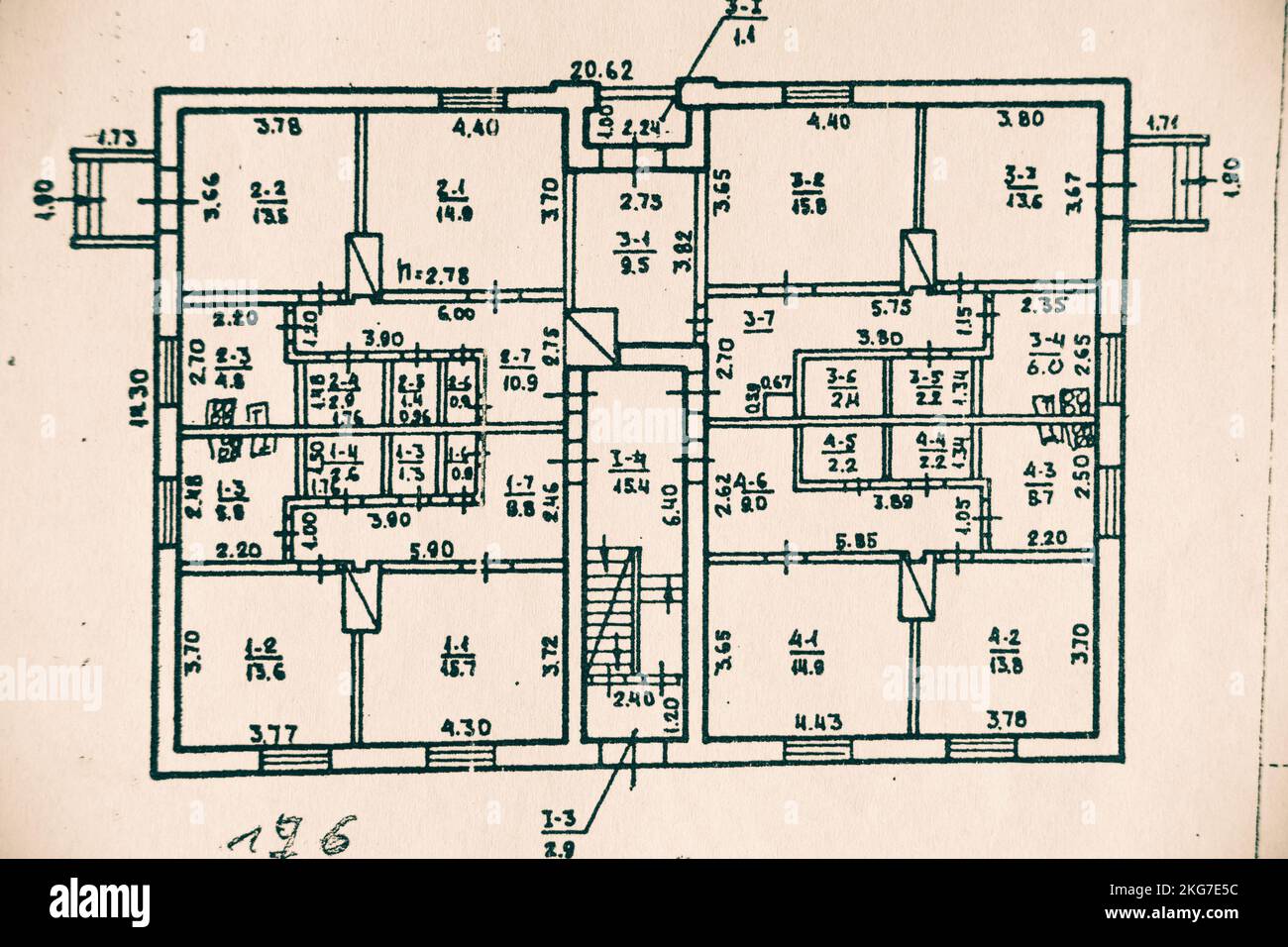 blueprint of an old two-story apartment building on white paper, house ...