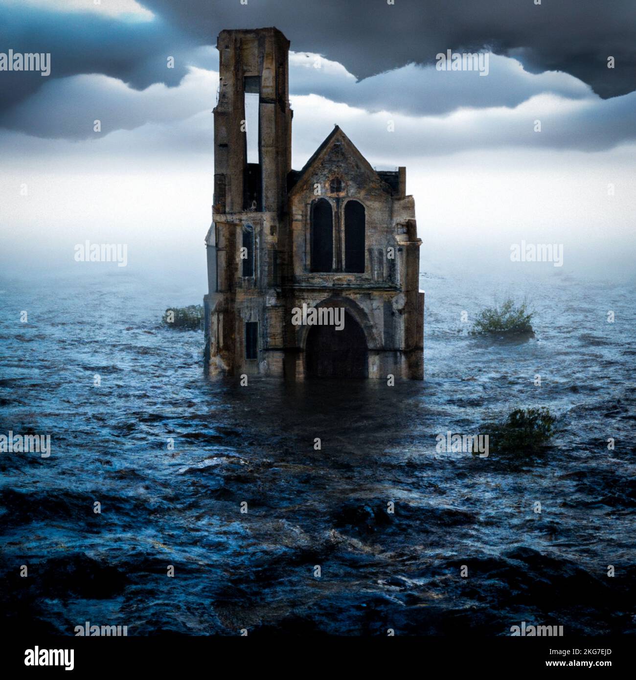 France, Paris on 2022-11-06. Digital illustration of a church flooded ...