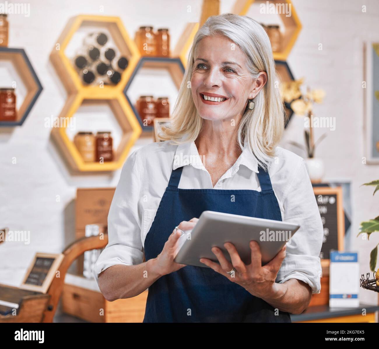 Small business owner, tablet and woman with sustainable, eco friendly ...