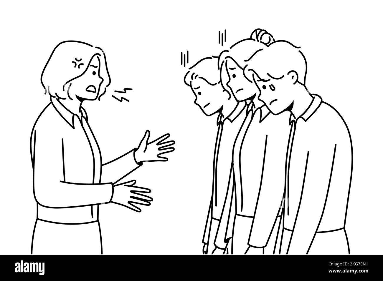 Furious businesswoman scream and scold stressed employees at workplace ...