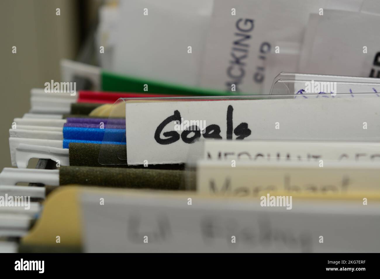 The office files and documents in the cabinet labeled as "goals Stock ...