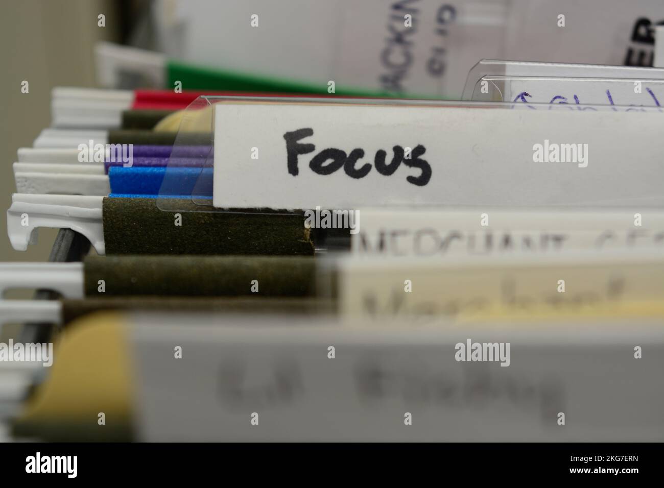 The office files and documents in the cabinet labeled as "focus Stock ...