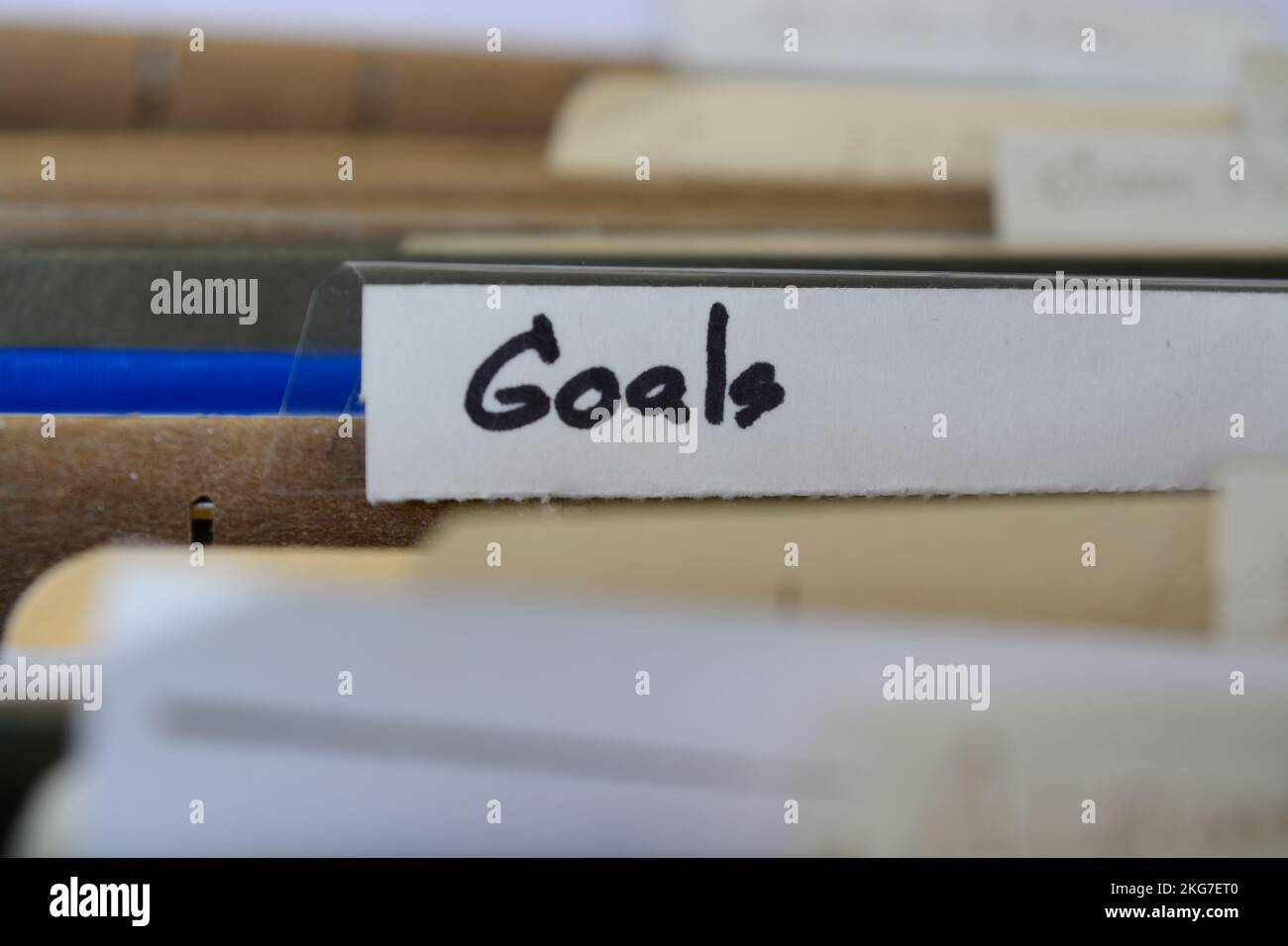 The office files and documents in the cabinet labeled as "goals Stock ...