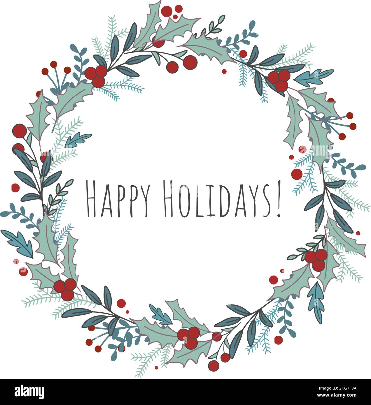 Happy holidays christmas vintage round wreath with berries foliage and ...