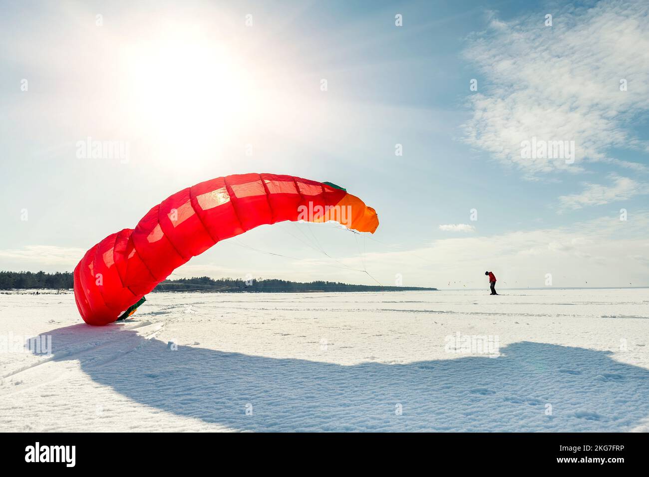 Panoramic view of many people friends enjoy riding kite surf board in ...