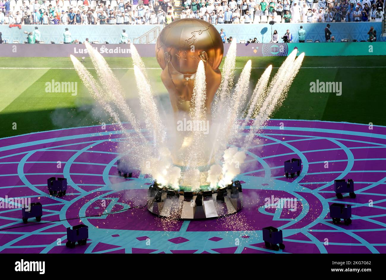 A pyrotechnics display around a giant replica trophy ahead of the FIFA ...