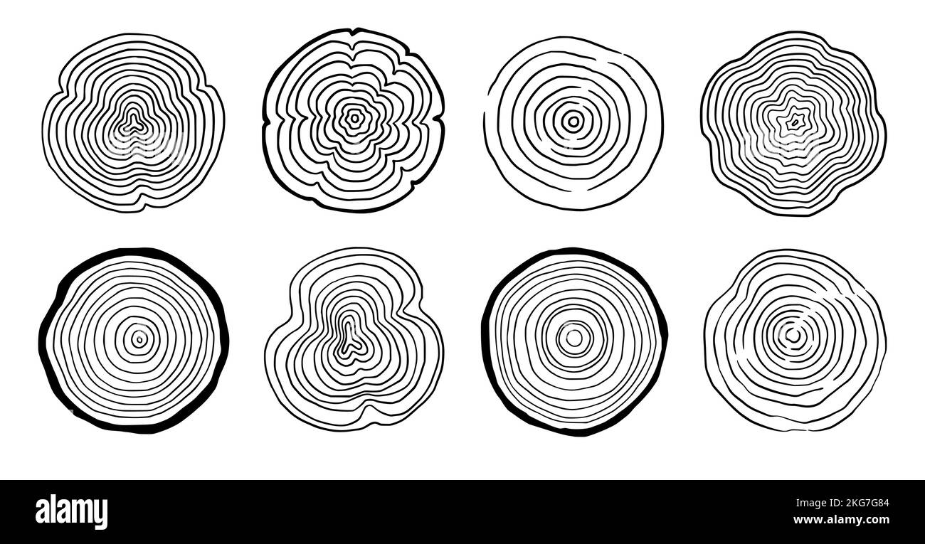 Tree ring wood circle set. Hand drawn tree ring pattern, line ripple ...