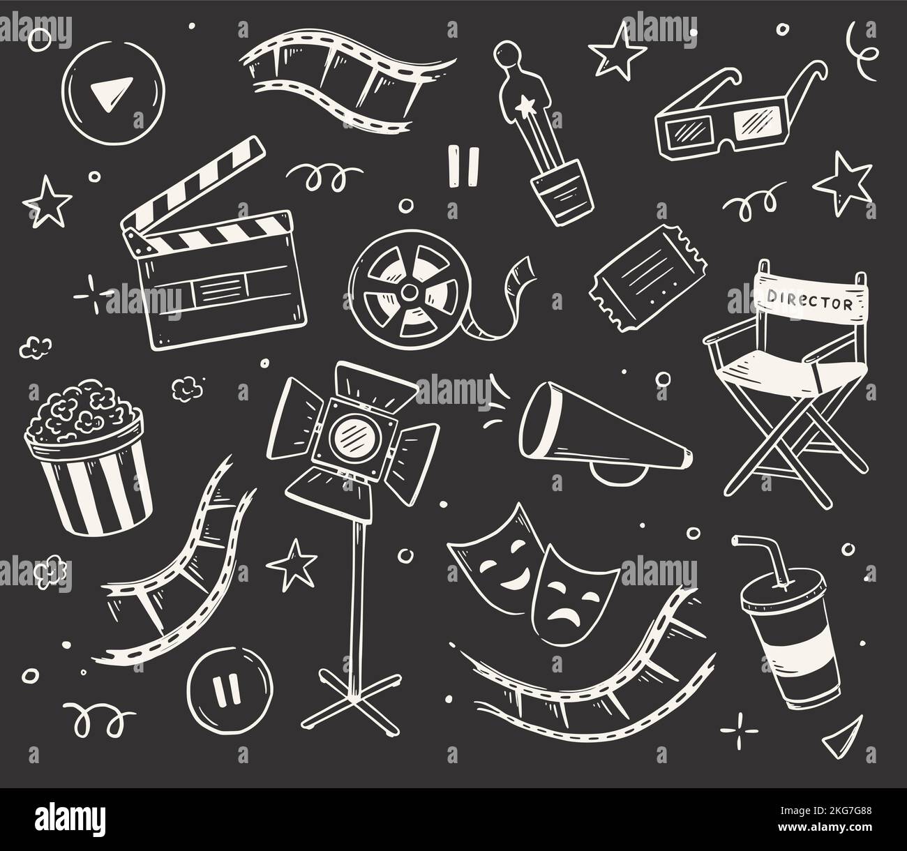 Movie, cinema doodle icon illustration. Doodle hand drawn sketch style movie elements, popcorn ...