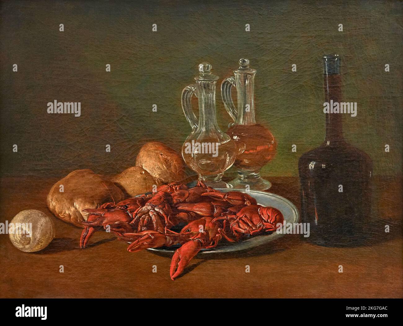 Natura morta con piatto di peltro,gamberi,limone,ampolle di vetro e ...