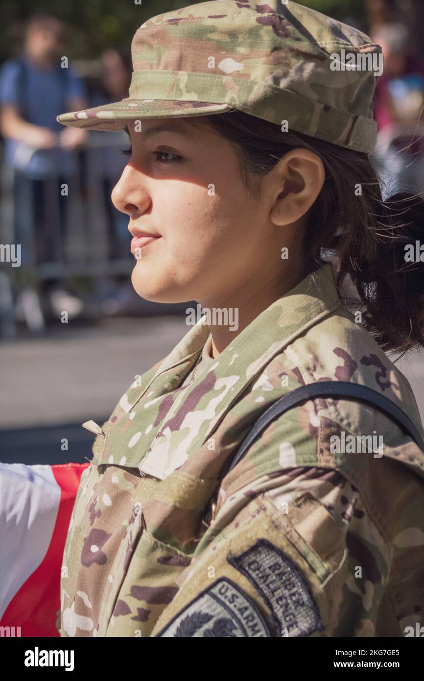 A female soldier on a Columbus Day Parade in New York Stock Photo - Alamy