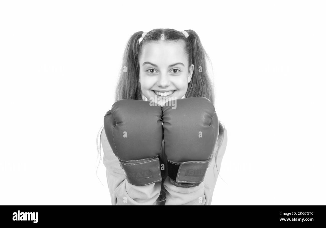 happy child boxer in boxing gloves ready to fight and punch isolated on ...