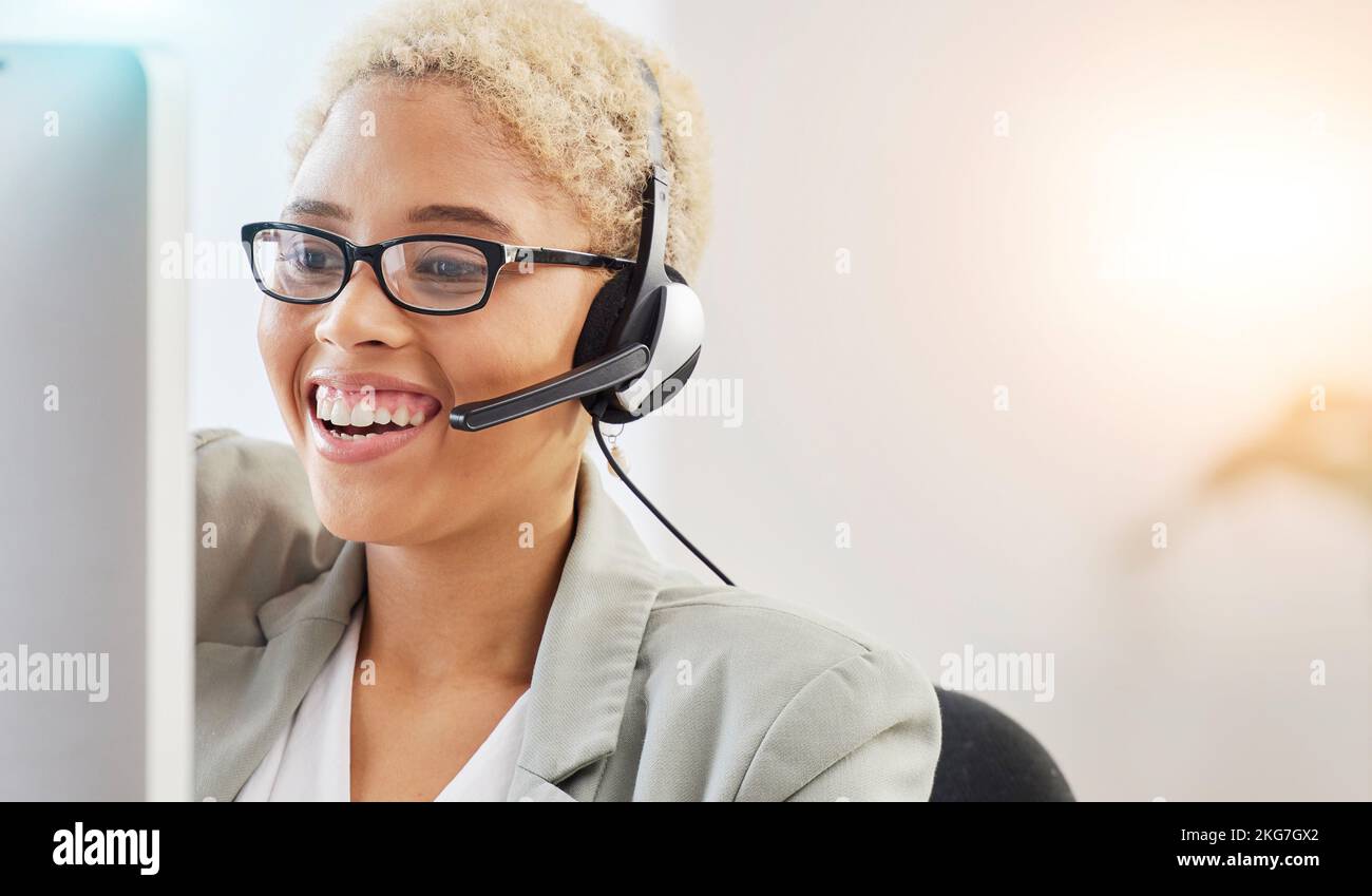 Happy call center, CRM or customer service woman for success ...