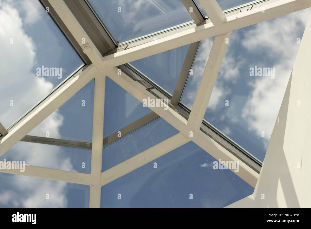 Roof frame. Glass roof. Interior details. Modern architecture. Sky ...