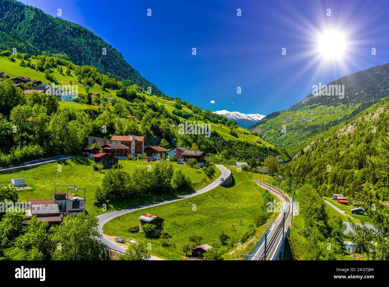 Railroad in Alps mountains valley in Moerel, Filet, Oestlich Raron ...