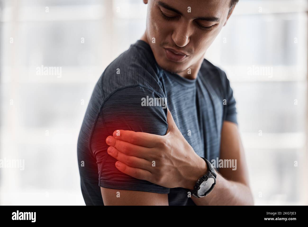 Fitness, medical or man with shoulder pain overlay in gym for exercise ...
