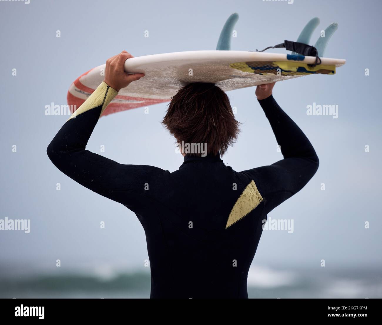 Surfer, surfboard and surfing ocean on waves for fitness exercise ...