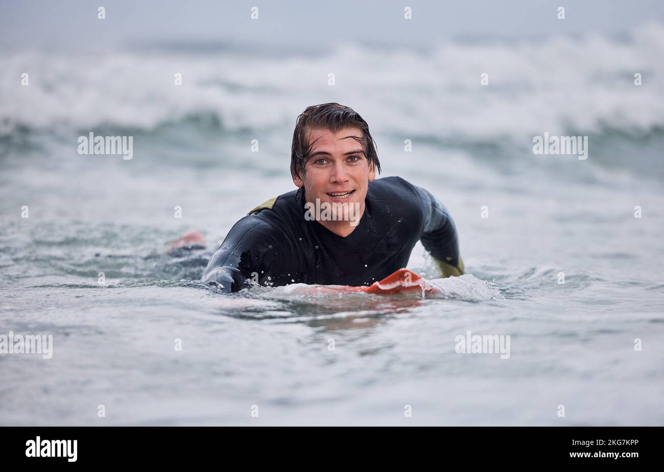 Portrait, man and surfing, ocean waves and water, summer freedom and ...