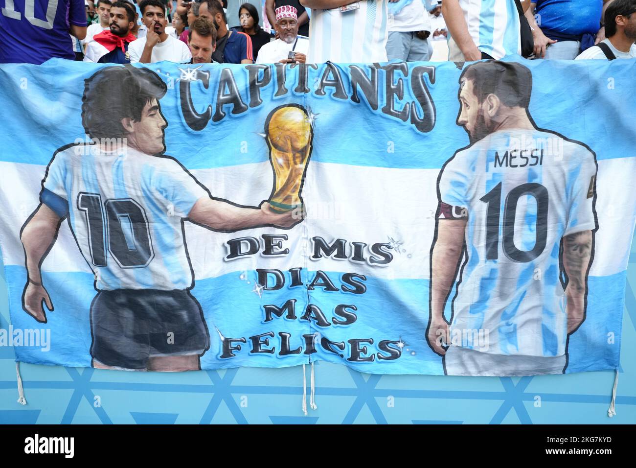 An Argentina banner depicting Diego Maradona and Lionel Messi during ...
