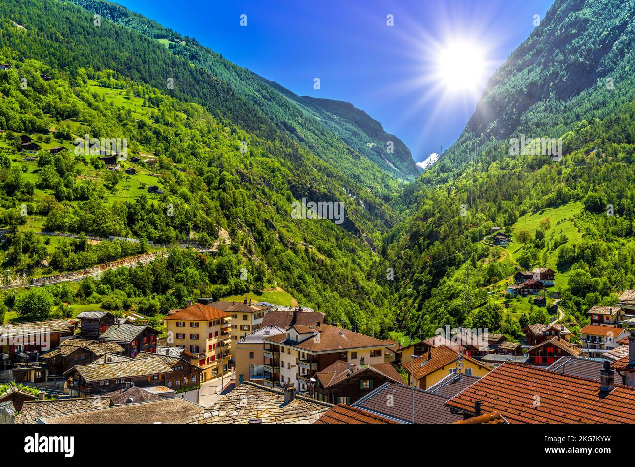 Swiss Alps village in mountains valley, Stalden, Staldenried, Visp ...