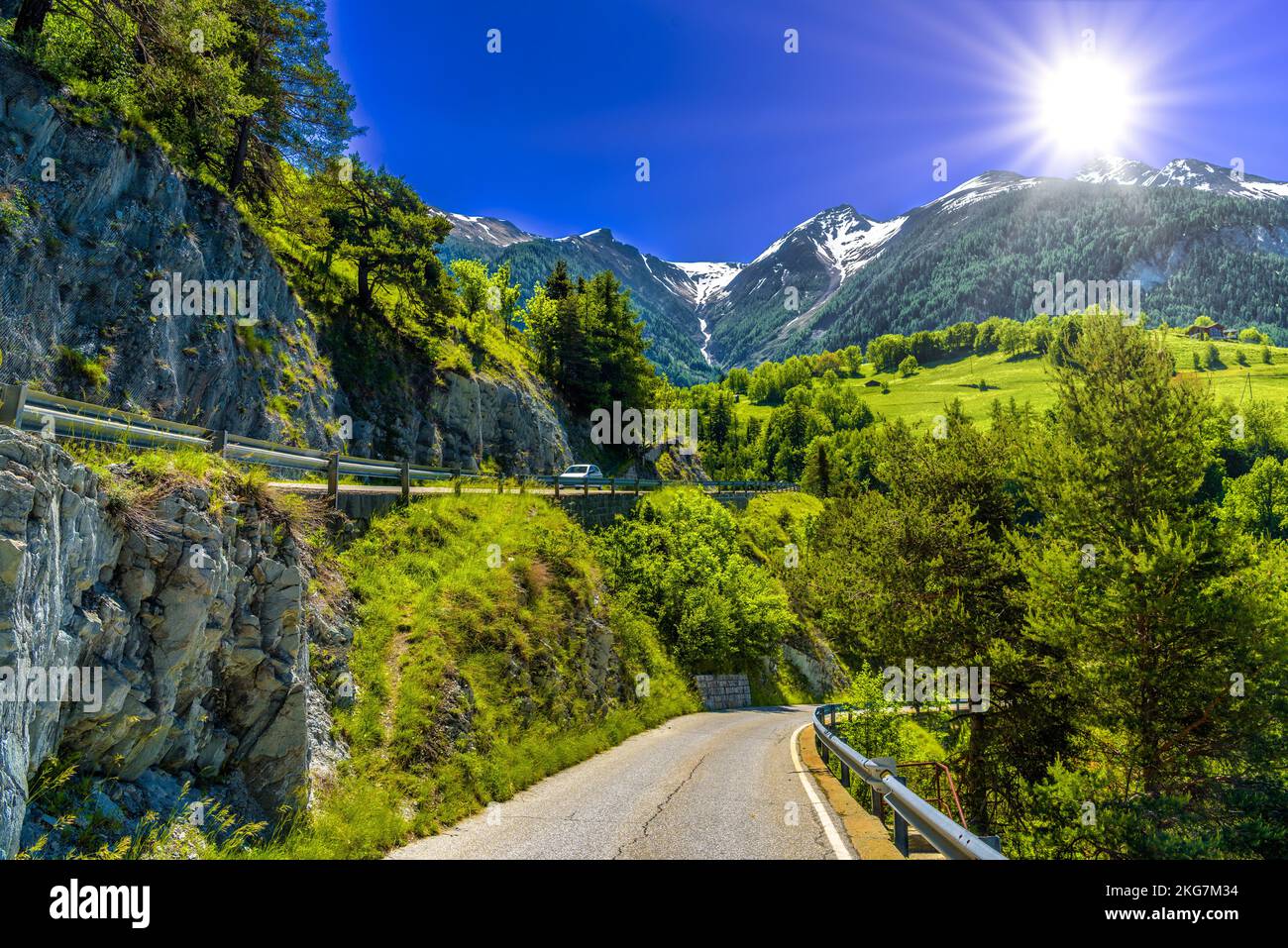 Asphalt road in Alps mountains in Moerel, Filet, Oestlich Raron, Wallis ...