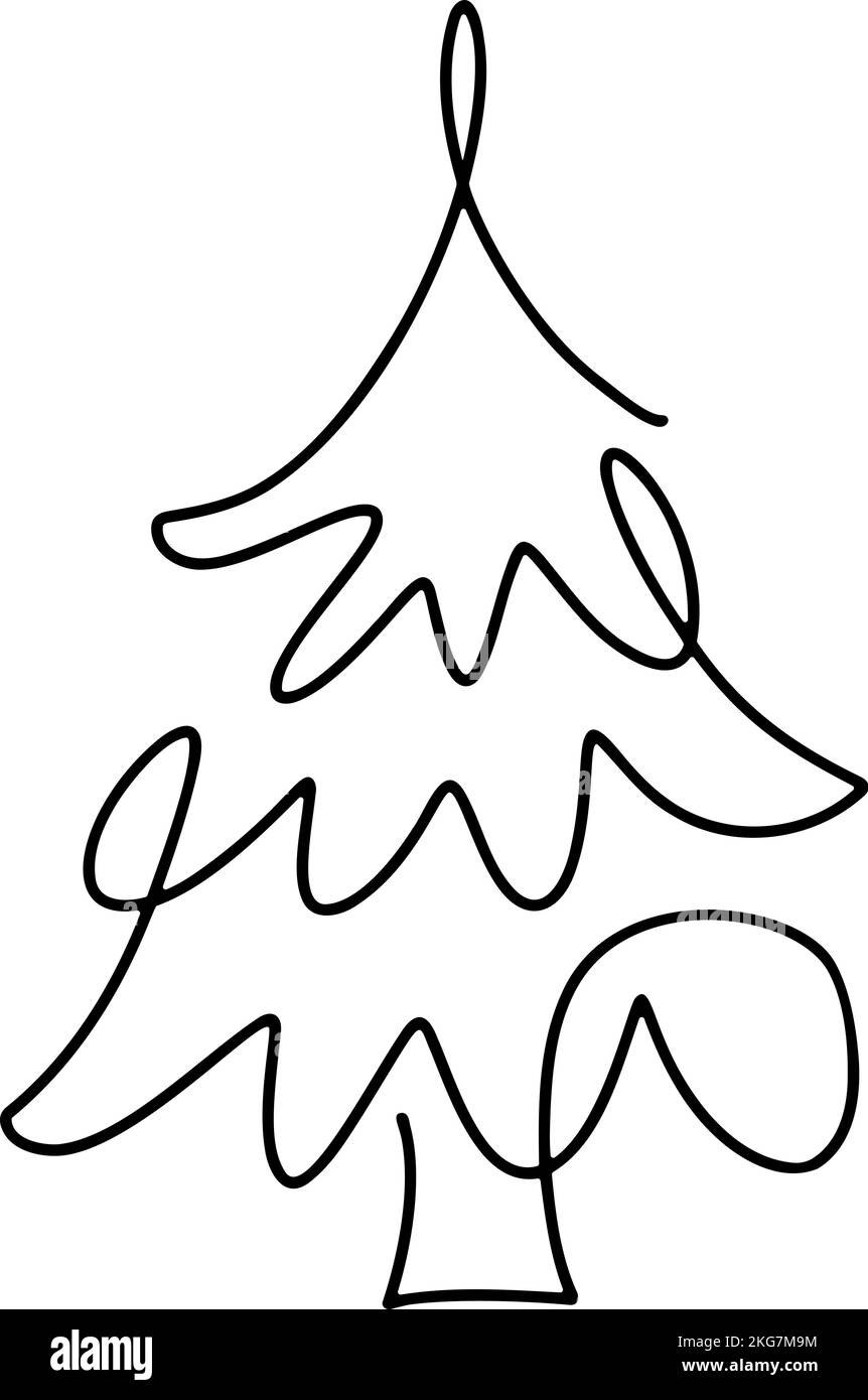 Christmas vector pine fir tree line art. Continuous one line drawing ...