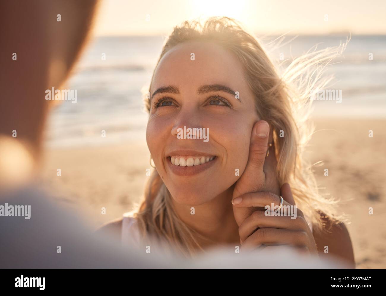 Affection, love and couple at the beach for a date, honeymoon and ...