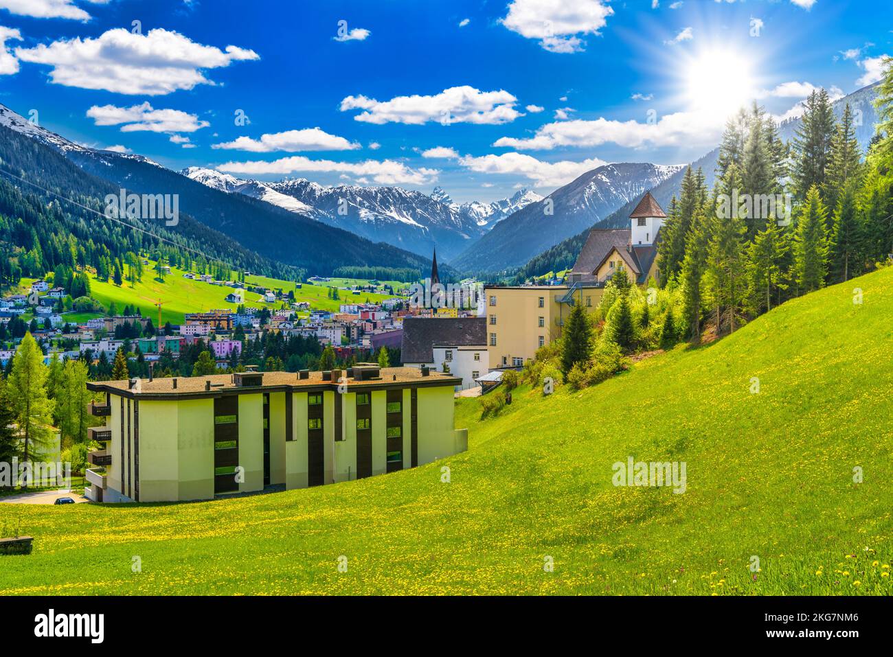 Houses in town village in Alps mountains, Davos, Graubuenden ...