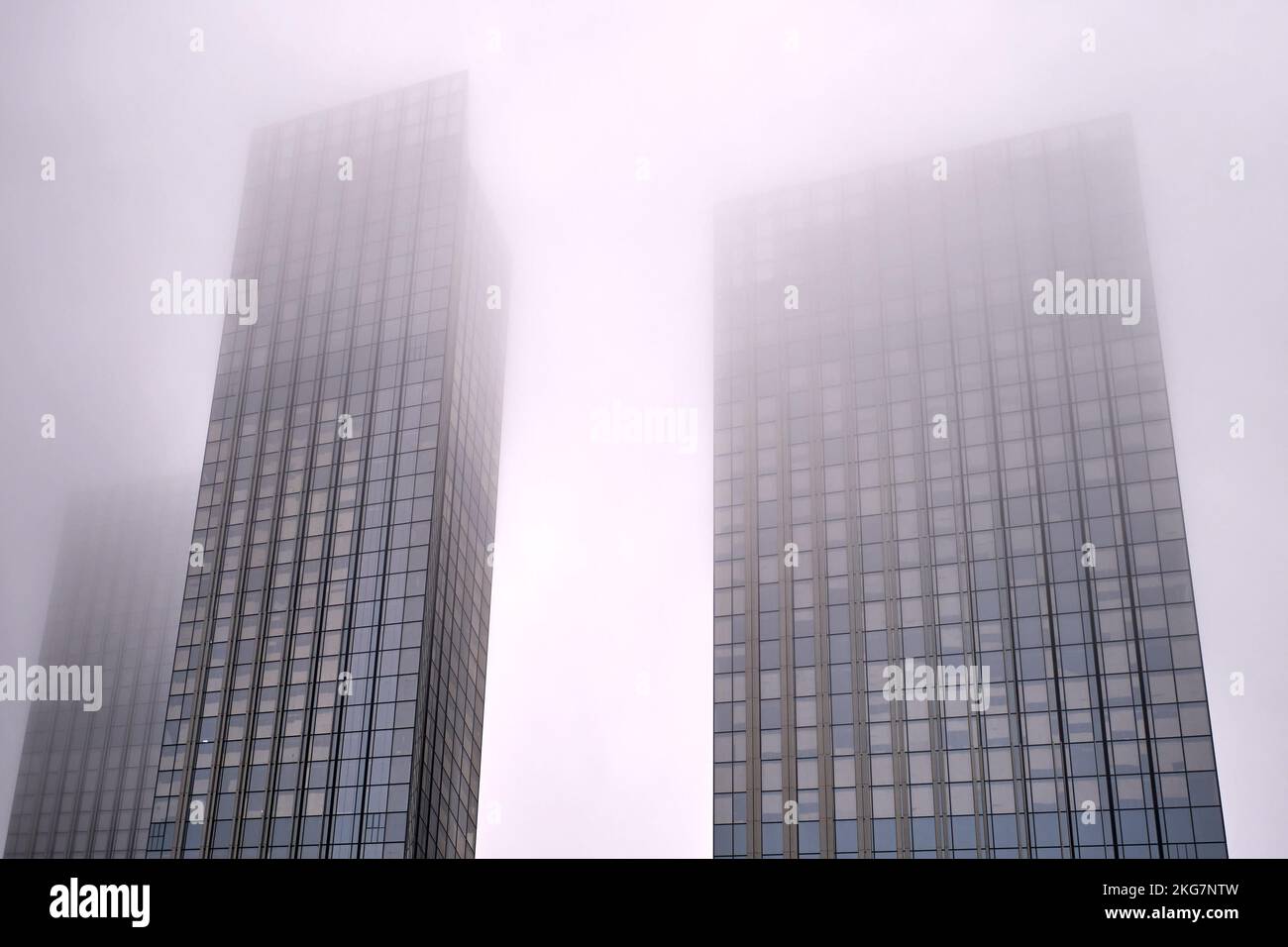 Windows of skyscrapers in the fog, background copy space. Metal ...