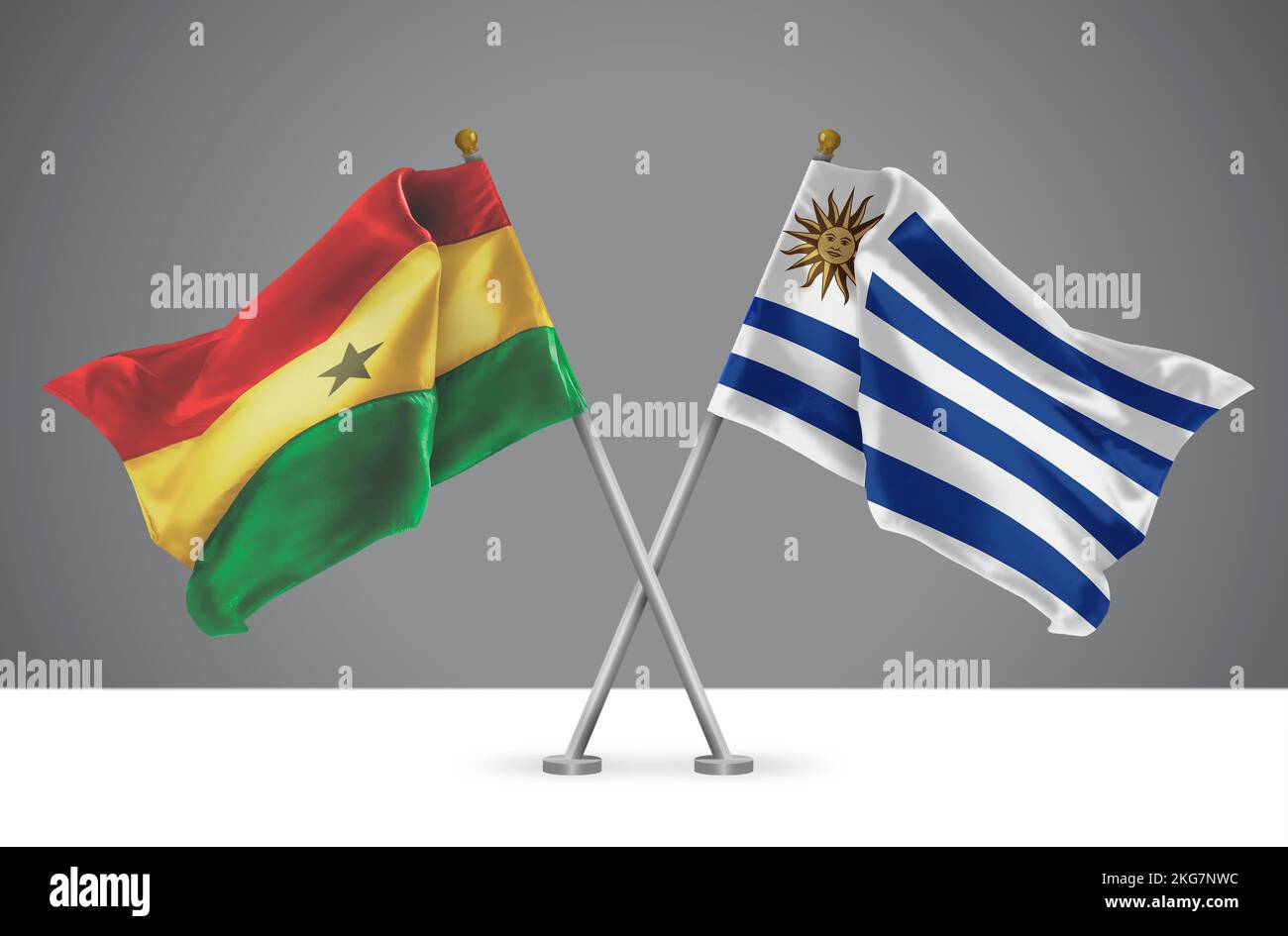 3D illustration of Two Wavy Crossed Flags of Ghana and Uruguay, Sign of ...