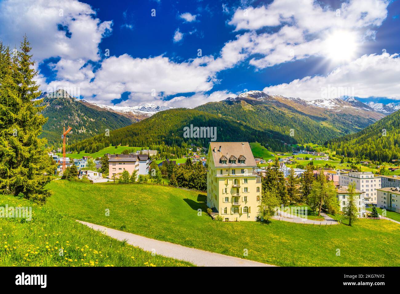 Houses in town village in Alps mountains, Davos, Graubuenden ...