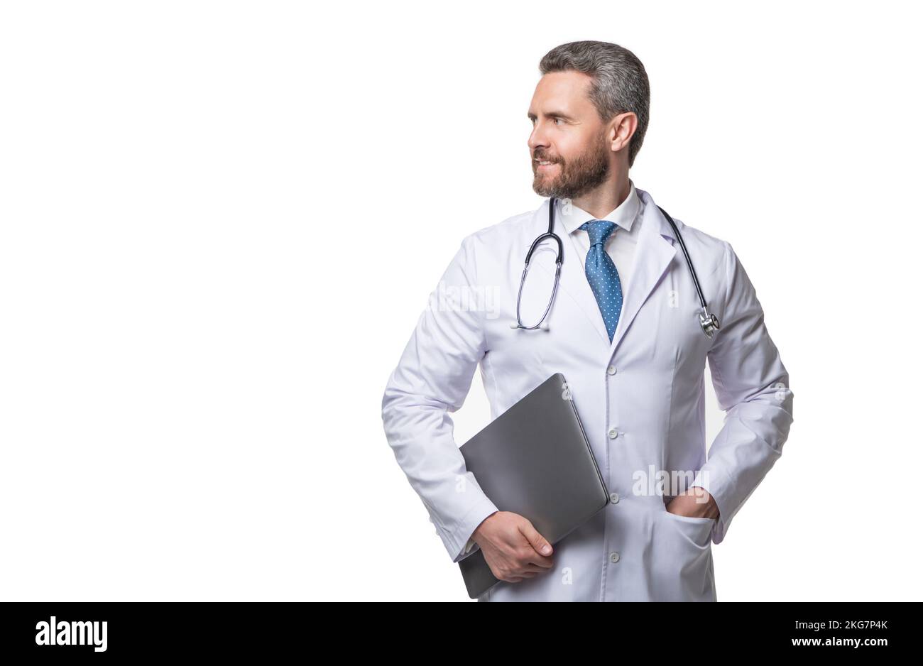 telehealth concept. smiling doctor hold laptop for telehealth. medical ...