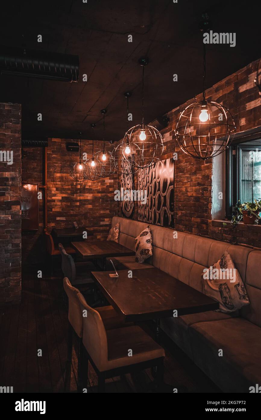 Restaurant interior and beautiful lamps Stock Photo - Alamy