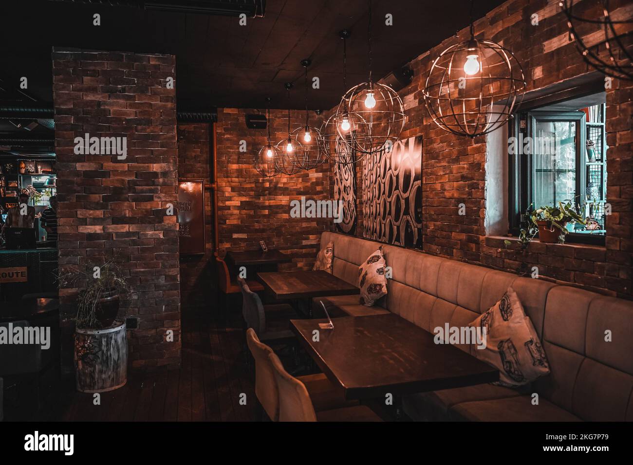 Restaurant interior and beautiful lamps Stock Photo - Alamy