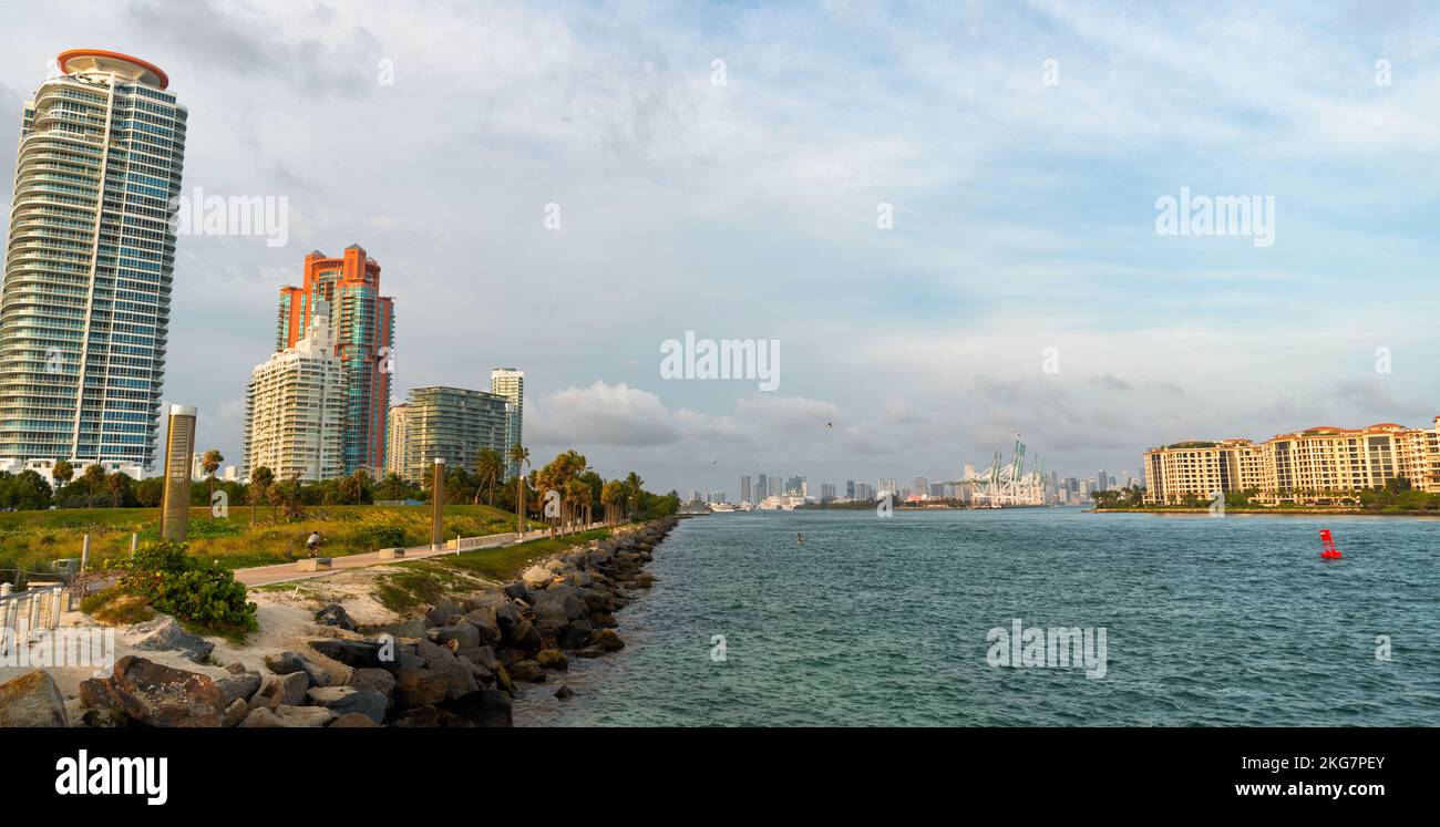 Miami beach promenade along Government Cut water channel at South ...