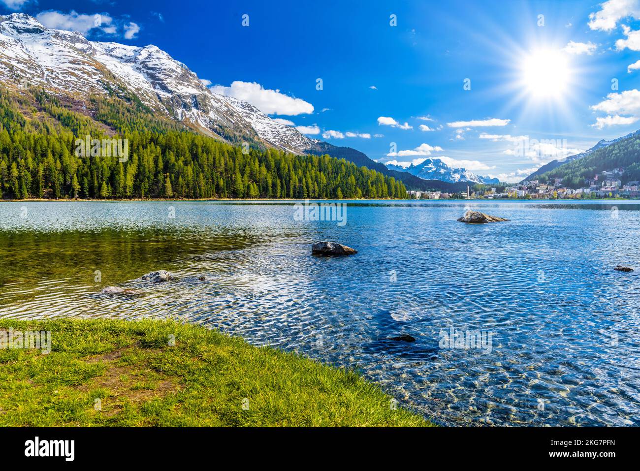 Crystal blue Lake St. Moritz, Sankt Moritz, Maloja Grisons Switzerland ...