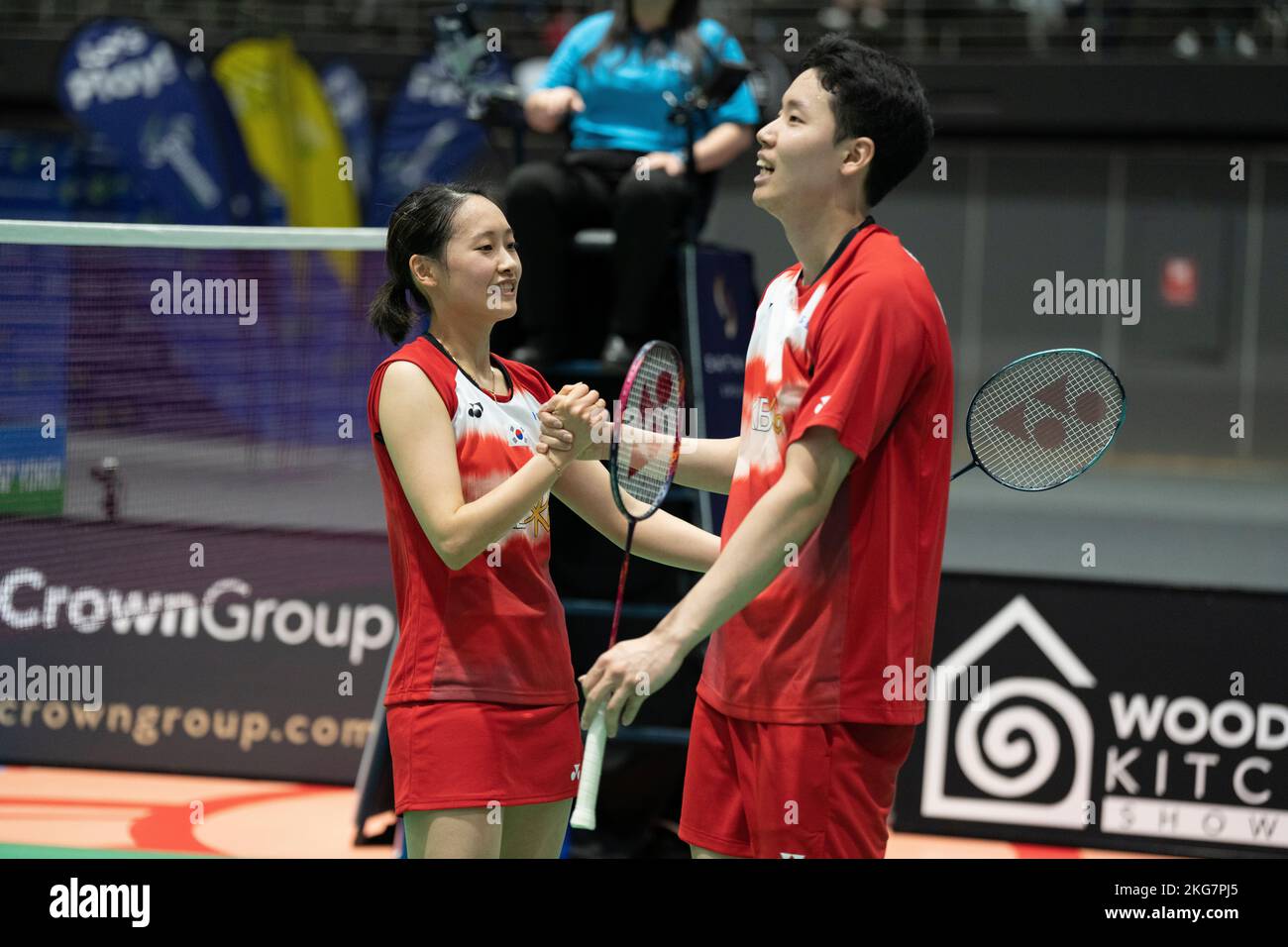 SYDNEY, AUSTRALIA - NOVEMBER 20: Chae Yu Jung and Seo Seung Jae of Korea celebrate winning the ...