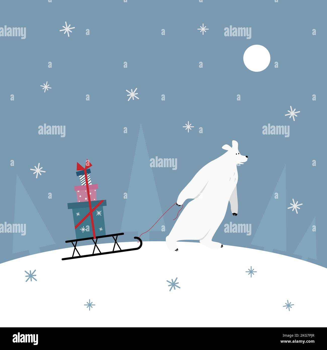 Cute Christmas Polar Bear with presents on the sleigh. Winter holidays ...