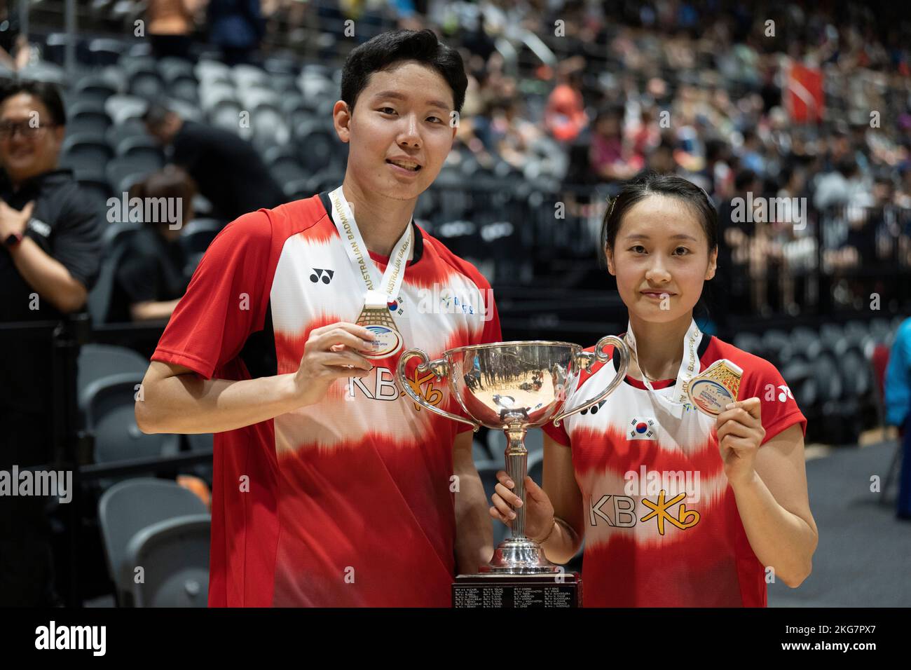 SYDNEY, AUSTRALIA - NOVEMBER 20: Seo Seung Jae and Chae Yu Jung of Korea hold the trophy after ...