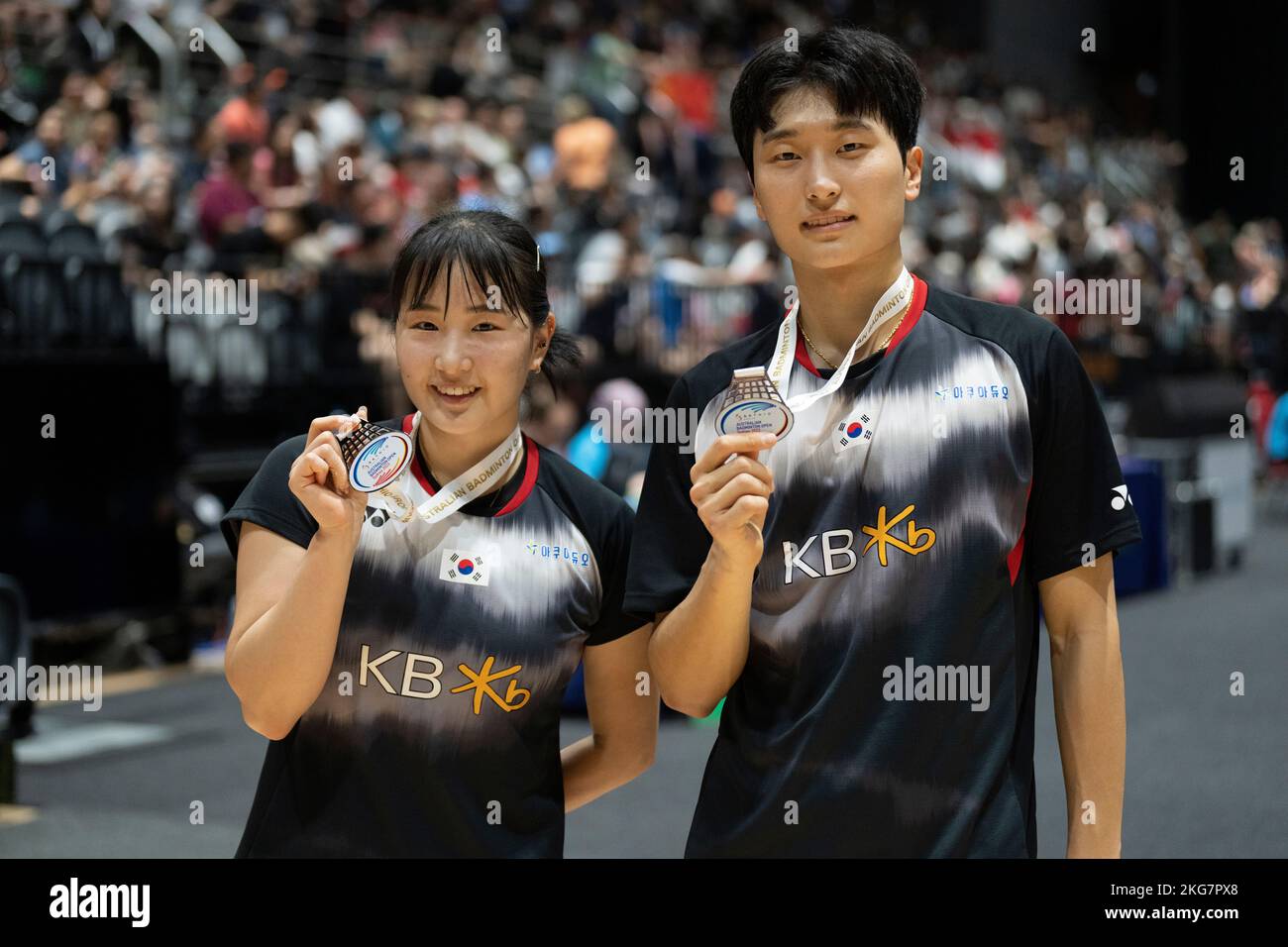 SYDNEY, AUSTRALIA - NOVEMBER 20: Jeong Na Eun and Kim Won Ho of Korea hold their medals as ...