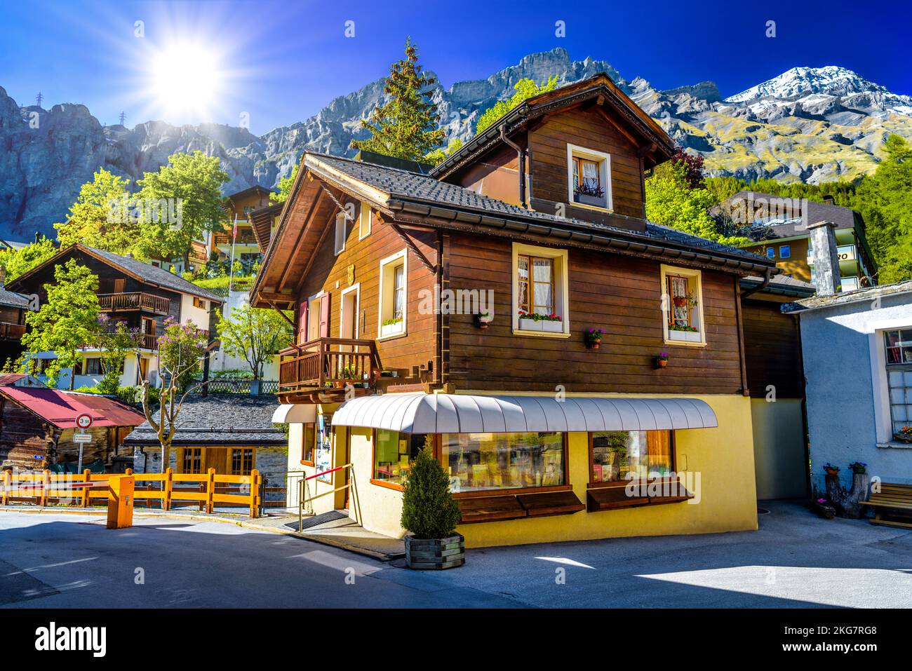 Chalet and hotels in swiss village in Alps, Leukerbad, Leuk, Visp ...