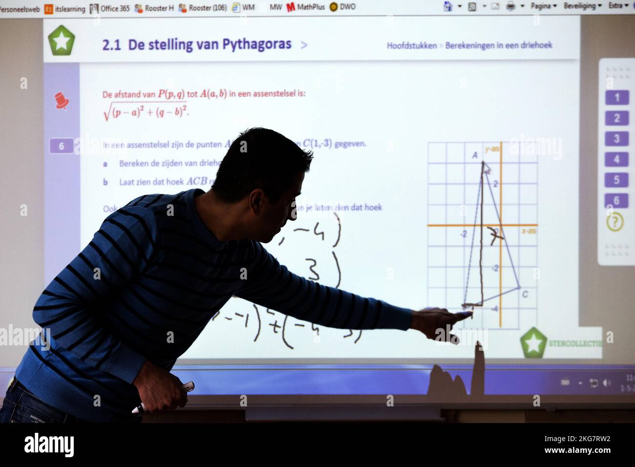 Teacher with students in a classroom in a secondary school. Holland ...