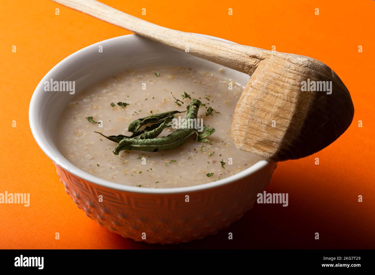 traditional Moroccan Cream of Barley Soup or belboula with a wooden ...