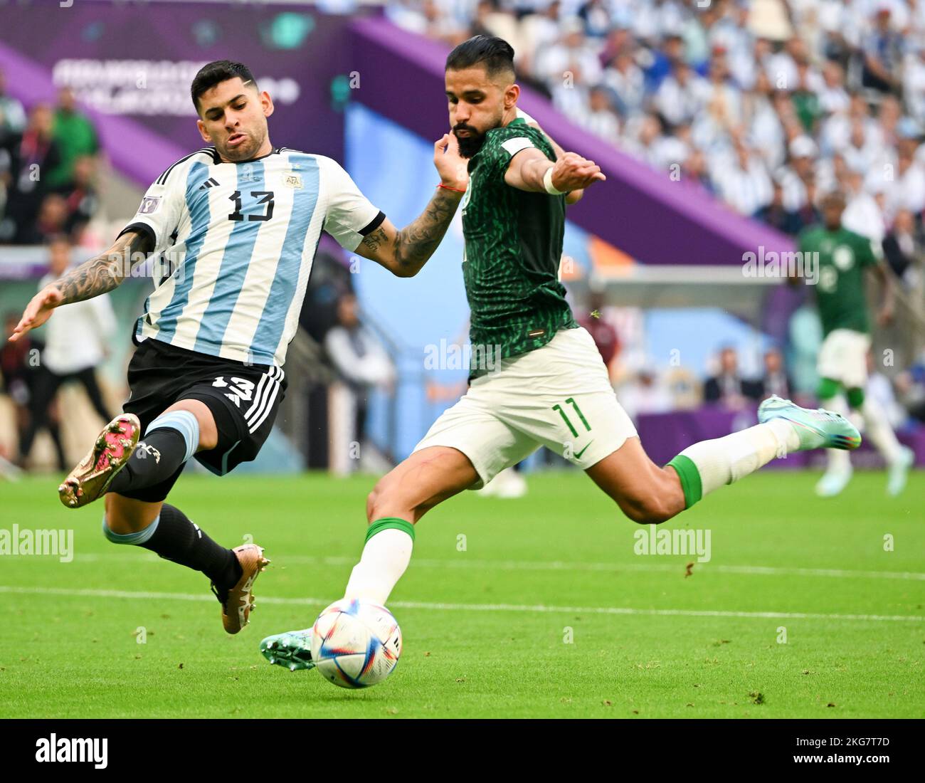 Lusail, Qatar. 22nd Nov, 2022. Saleh Alshehri (R) of Saudi Arabia ...