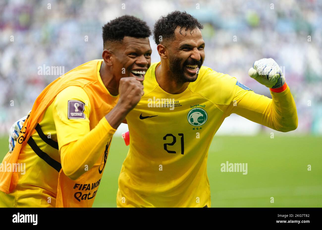 Saudi Arabia goalkeeper Mohammed Al-Owais (right) and Mohammed Al ...