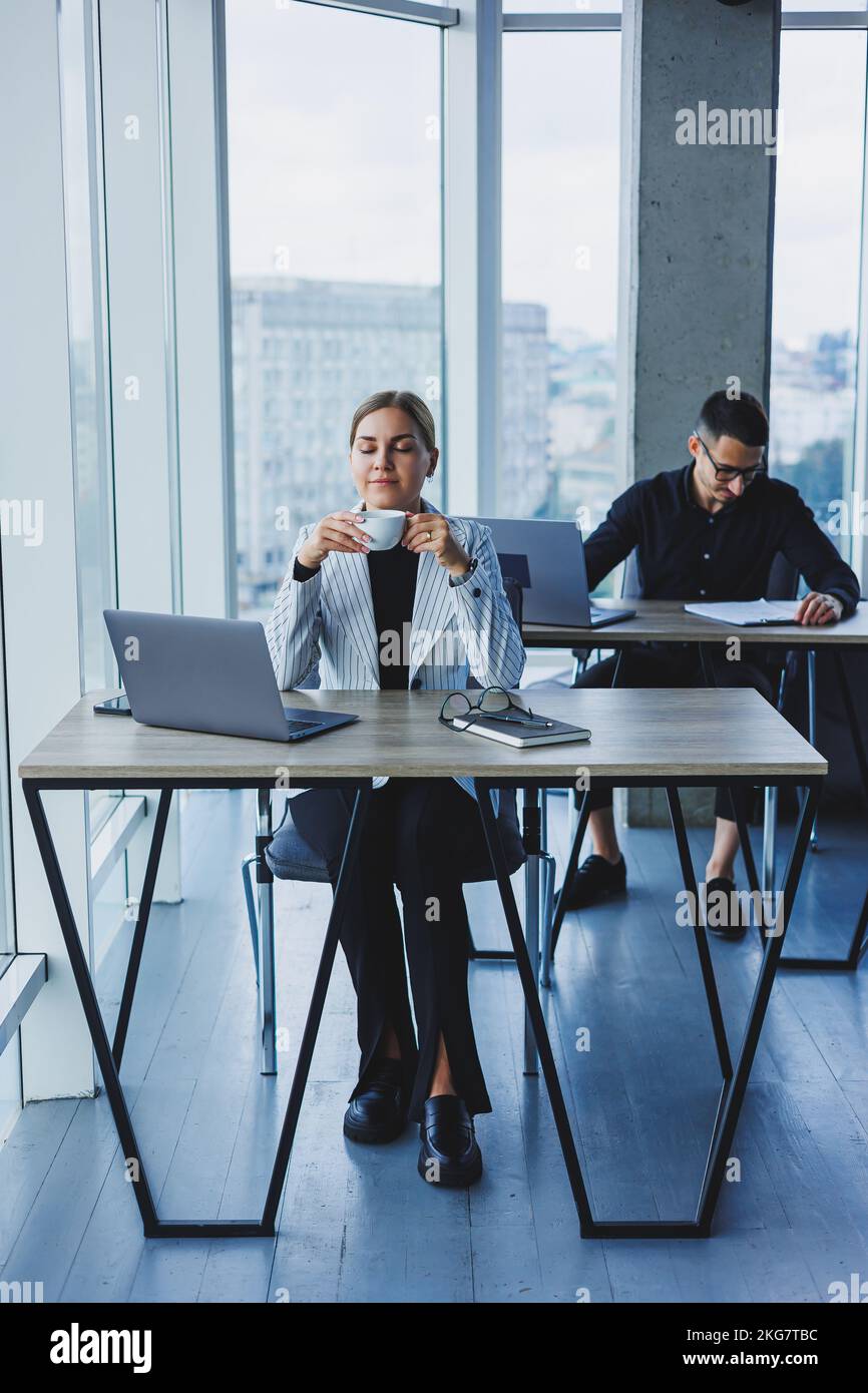 A female manager sits at a desk using a laptop in a modern office with ...