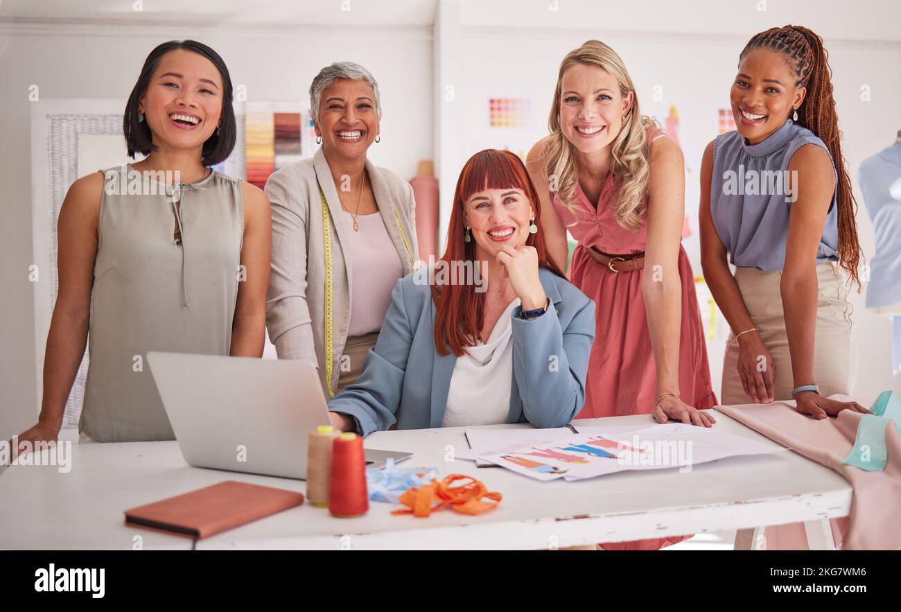 Laptop, fashion and team of creative women in meeting to plan a project ...